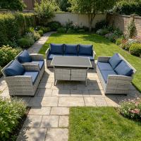 China All Weather 5 Pieces Patio Furniture Set with Navy Blue Cushions Garden Backyard Storage Table Outdoor Wicker Conversation Set for sale