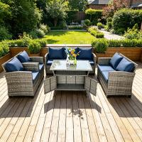 China All Weather 5 Pieces Patio Furniture Set with Navy Blue Cushions Garden Backyard Storage Table Outdoor Wicker Conversation Set for sale