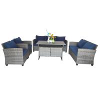 China All Weather 5 Pieces Patio Furniture Set with Navy Blue Cushions Garden Backyard Storage Table Outdoor Wicker Conversation Set for sale