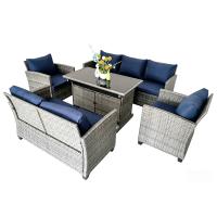China All Weather 5 Pieces Patio Furniture Set with Navy Blue Cushions Garden Backyard Storage Table Outdoor Wicker Conversation Set for sale