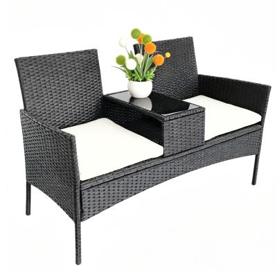 China Outdoor Rattan Love Seat with Middle Table 2-Seat Patio Wicker Conversation Chair Set with Cushions for sale