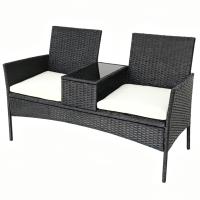 China Outdoor Rattan Love Seat with Middle Table 2-Seat Patio Wicker Conversation Chair Set with Cushions for sale