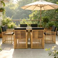China Factory 2027 Hot Sale Garden Dining Table and Chair Steel Frame Rattan Chairs and Poly Wooden Table for sale