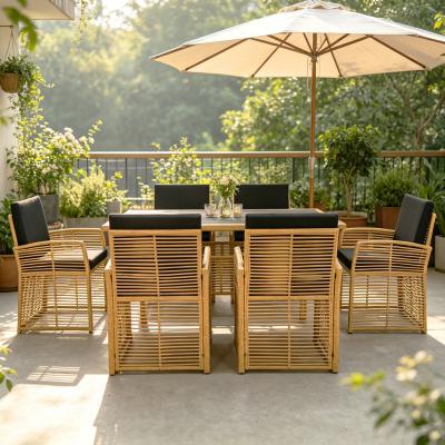 China Factory 2027 Hot Sale Garden Dining Table and Chair Steel Frame Rattan Chairs and Poly Wooden Table for sale