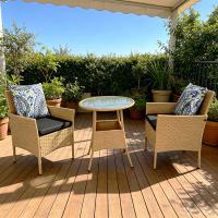China Wholesale 3 Piece Set with Cushions Poly Rattan Fresco Dining or Lounging in the Garden Small Size Table and Chairs for sale