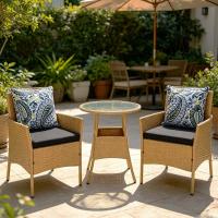 China Wholesale 3 Piece Set with Cushions Poly Rattan Fresco Dining or Lounging in the Garden Small Size Table and Chairs for sale