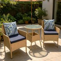 China Wholesale 3 Piece Set with Cushions Poly Rattan Fresco Dining or Lounging in the Garden Small Size Table and Chairs for sale