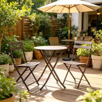 China Wholesale Price Outdoor Furniture Iron Frame Folding Table and Chair Black Rust Prevention Fold Chairs and Round Table for sale
