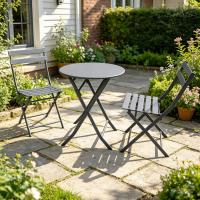 China Wholesale Price Outdoor Furniture Iron Frame Folding Table and Chair Black Rust Prevention Fold Chairs and Round Table for sale