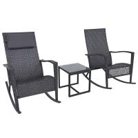 China All-Weather PE Rattan Rocking Chair Set Outdoor Patio Conversation Wicker Rockers Tempered Glass Coffee Table for Balcony for sale