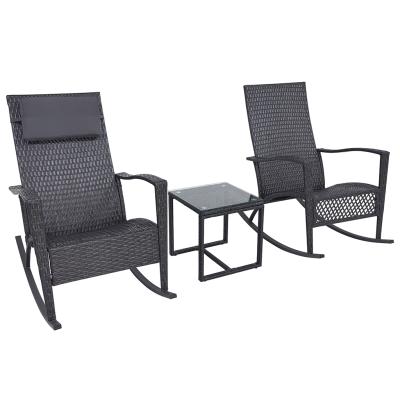 China All-Weather PE Rattan Rocking Chair Set Outdoor Patio Conversation Wicker Rockers Tempered Glass Coffee Table for Balcony for sale
