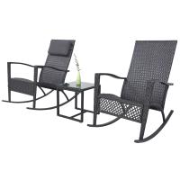 China All-Weather PE Rattan Rocking Chair Set Outdoor Patio Conversation Wicker Rockers Tempered Glass Coffee Table for Balcony for sale