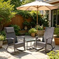 China All-Weather PE Rattan Rocking Chair Set Outdoor Patio Conversation Wicker Rockers Tempered Glass Coffee Table for Balcony for sale