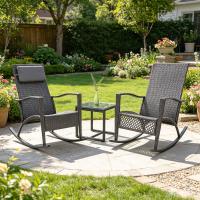 China All-Weather PE Rattan Rocking Chair Set Outdoor Patio Conversation Wicker Rockers Tempered Glass Coffee Table for Balcony for sale