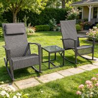 China All-Weather PE Rattan Rocking Chair Set Outdoor Patio Conversation Wicker Rockers Tempered Glass Coffee Table for Balcony for sale