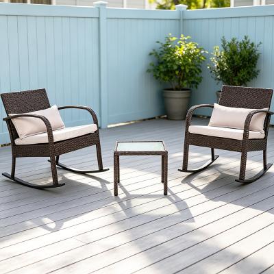 China Factory Wholesale Basics 3-Piece Patio Bistro Rocking Chair Set with Tempered Glass Side Table and Cushions for sale