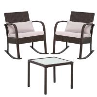 China Factory Wholesale Basics 3-Piece Patio Bistro Rocking Chair Set with Tempered Glass Side Table and Cushions for sale