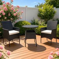 China PE Rattan Wicker Bistro Set Outdoor Patio Furniture with Round Glass Top Table & Cushioned Chairs for Garden Balcony Backyard for sale
