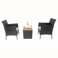 China Outdoor Patio Garden Wicker Rattan Chair Conversation Set with Cushion 3 Piece Set Teak Table and Black Chair Bistro Set for sale
