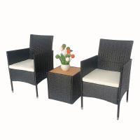 China Outdoor Patio Garden Wicker Rattan Chair Conversation Set with Cushion 3 Piece Set Teak Table and Black Chair Bistro Set for sale