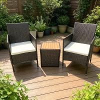 China Outdoor Patio Garden Wicker Rattan Chair Conversation Set with Cushion 3 Piece Set Teak Table and Black Chair Bistro Set for sale