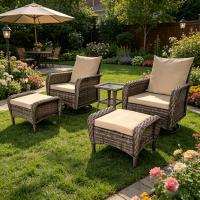 China Outdoor Patio Furniture Set PE Wicker Swivel Rocker Chairs with Ottomans and Side Table All Weather Rattan Conversation Set for sale