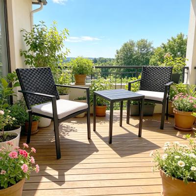 China Outdoor Balcony Furniture 3 Piece Set  PE Wicker Chairs with Cushions Slatted Side Table Space-Saving Patio Bistro Set for sale