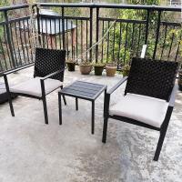 China Outdoor Balcony Furniture 3 Piece Set  PE Wicker Chairs with Cushions Slatted Side Table Space-Saving Patio Bistro Set for sale