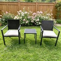 China Outdoor Balcony Furniture 3 Piece Set  PE Wicker Chairs with Cushions Slatted Side Table Space-Saving Patio Bistro Set for sale