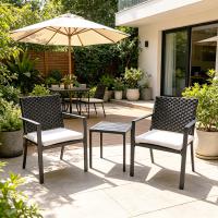China Outdoor Balcony Furniture 3 Piece Set  PE Wicker Chairs with Cushions Slatted Side Table Space-Saving Patio Bistro Set for sale