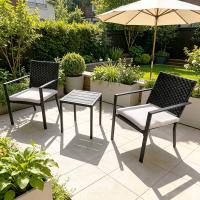 China Outdoor Balcony Furniture 3 Piece Set  PE Wicker Chairs with Cushions Slatted Side Table Space-Saving Patio Bistro Set for sale
