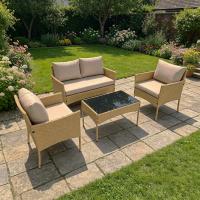 China 4 Pieces PE Rattan Patio Furniture Set, Outdoor Garden Sofa Set with Waterproof Cushions and Glass Coffee Table for Backyard for sale