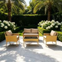 China 4 Pieces PE Rattan Patio Furniture Set, Outdoor Garden Sofa Set with Waterproof Cushions and Glass Coffee Table for Backyard for sale