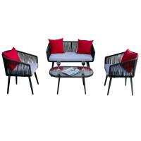 China Factory Hot Sale Indoor and Outdoor Use 4-Piece Set of Rope Woven Chairs & Coffee Table with Tapered Metal Legs for sale