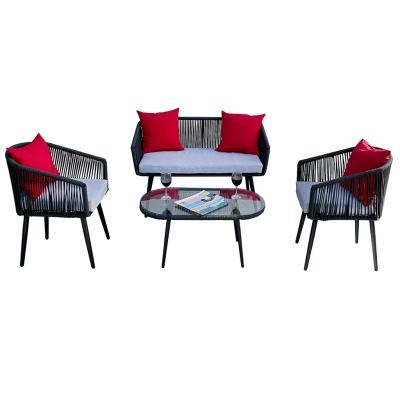 China Factory Hot Sale Indoor and Outdoor Use 4-Piece Set of Rope Woven Chairs & Coffee Table with Tapered Metal Legs for sale