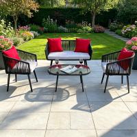 China Factory Hot Sale Indoor and Outdoor Use 4-Piece Set of Rope Woven Chairs & Coffee Table with Tapered Metal Legs for sale