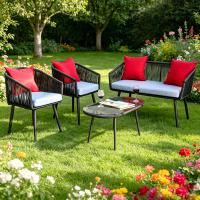 China Factory Hot Sale Indoor and Outdoor Use 4-Piece Set of Rope Woven Chairs & Coffee Table with Tapered Metal Legs for sale