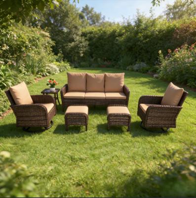 China Factory Price 6 Piece Outdoor Rattan Furniture Set 3 Seater Sofa and Rocking Chair Combination for Backyard for sale