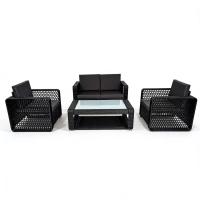 China Modern Black PE Rattan Outdoor Sofa Set with Glass Coffee Table for Patio Balcony and Garden for sale