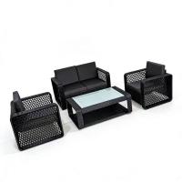 China Modern Black PE Rattan Outdoor Sofa Set with Glass Coffee Table for Patio Balcony and Garden for sale