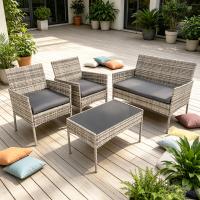 China Four Pieces Patio PE Rattan Wicker Furniture Set Outdoor Garden Conversation Sofa Set with Gray Cushions Glass Top Coffee Table for sale