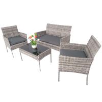 China Four Pieces Patio PE Rattan Wicker Furniture Set Outdoor Garden Conversation Sofa Set with Gray Cushions Glass Top Coffee Table for sale