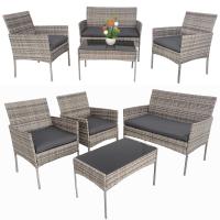 China Four Pieces Patio PE Rattan Wicker Furniture Set Outdoor Garden Conversation Sofa Set with Gray Cushions Glass Top Coffee Table for sale