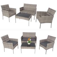 China Four Pieces Patio PE Rattan Wicker Furniture Set Outdoor Garden Conversation Sofa Set with Gray Cushions Glass Top Coffee Table for sale