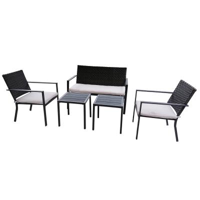 China Steel Iron Frame Wide Rattan Patio 5 Pieces love Seat Chair and Coffee Tea End Table Garden Patio Furniture for sale