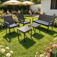 China Steel Iron Frame Wide Rattan Patio 5 Pieces love Seat Chair and Coffee Tea End Table Garden Patio Furniture for sale