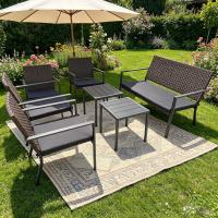 China Steel Iron Frame Wide Rattan Patio 5 Pieces love Seat Chair and Coffee Tea End Table Garden Patio Furniture for sale