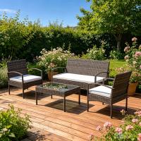 China Modern 4-Piece Outdoor Wicker Rattan Sofa Set All-Weather Patio Conversation Furniture Chairs With Coffee Table for sale