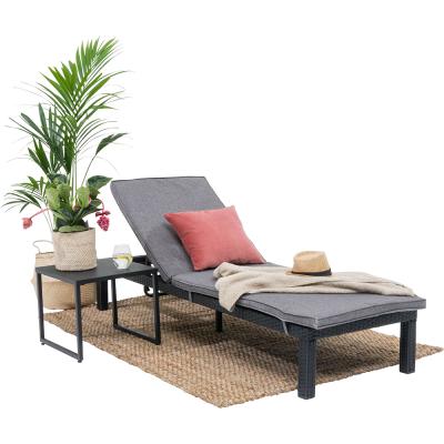 China Outdoor Furniture Wicker Chaise Lounge Iron Frame Waterproof Fabric Rattan Sunbed Sun Loungers With Side Square Table for sale