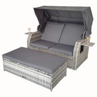 China Leisure Outdoor Rattan Double Sun Bed Rattan Wicker Chaise Lounge Daybed With Canopy for sale